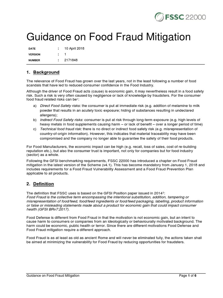 FSSC Guidance On Food Fraud Mitigation | PDF | Vulnerability (Computing ...