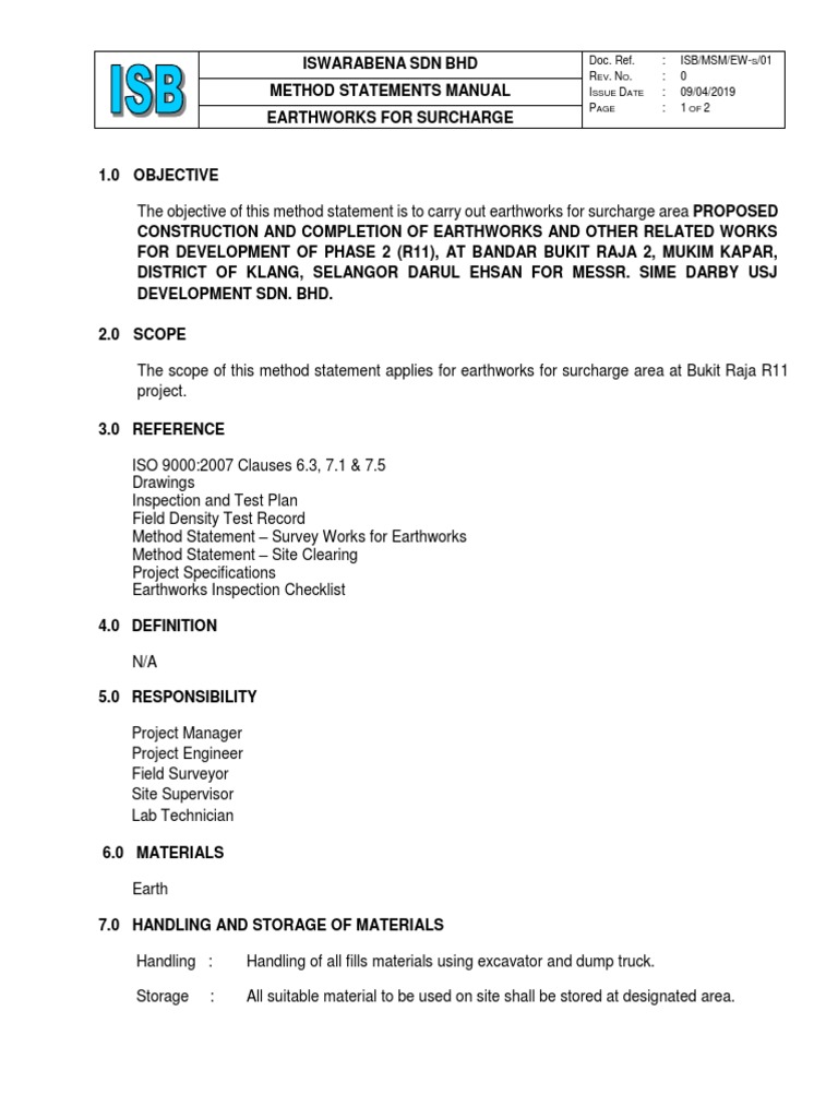 Earthworks Method Statement for Surcharge | PDF | Engineering ...