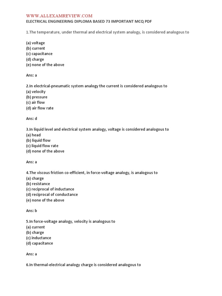Electrical Engineering Diploma Based 73 Important MCQ | PDF | Feedback ...
