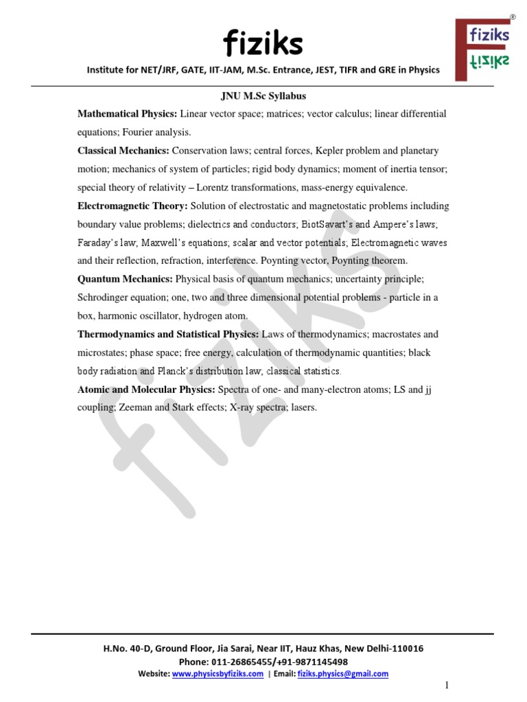 JNU M.Sc Physics Syllabus Overview | PDF