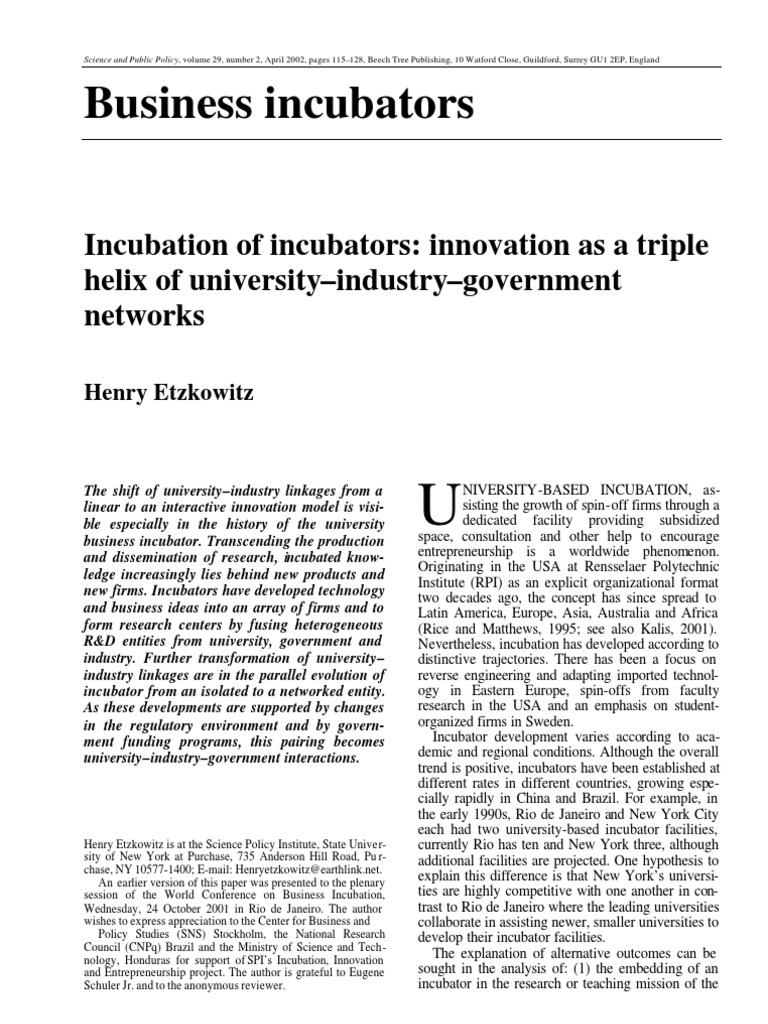 Business Incubators: Incubation of Incubators: Innovation As A Triple ...