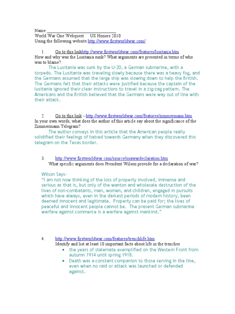 World War One Webquest | PDF | Rms Lusitania | World War I