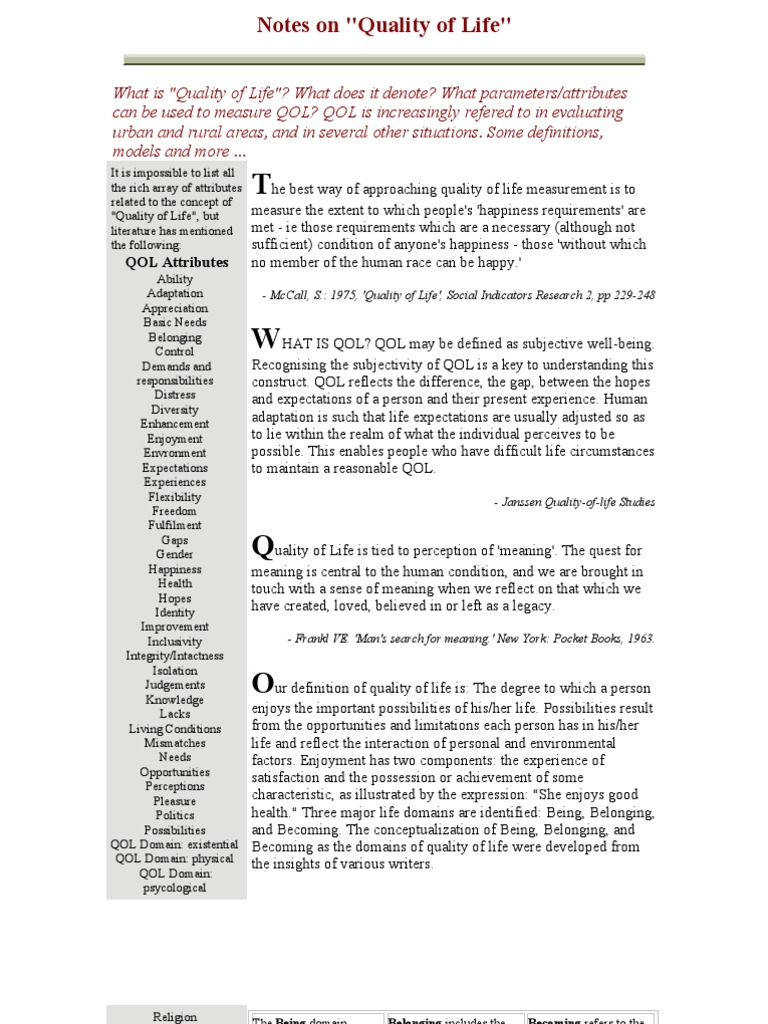 Quality of Life Attributes and Domains | PDF | Quality Of Life | Social ...