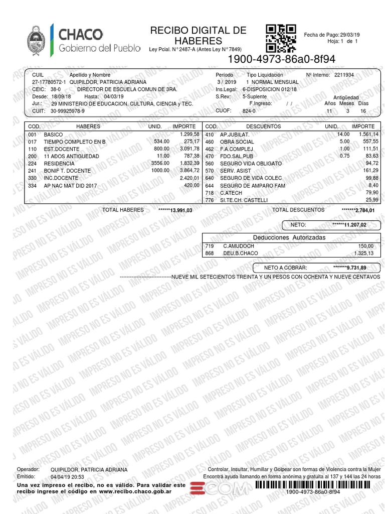 Recibo Digital de Haberes Marzo 2019 | PDF