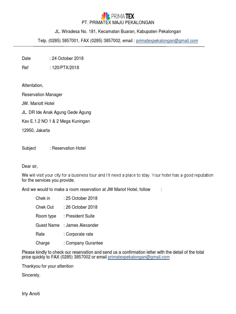 Contoh Surat Reservation Hotel | PDF | Hotel | Hospitality Companies