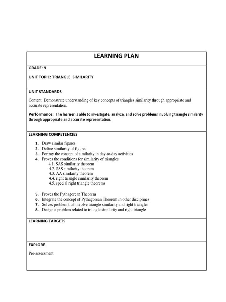 Learning Plan: Grade: 9 Unit Topic: Triangle Similarity | PDF