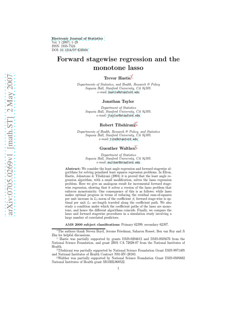 Forward Stagewise Regression and The Monotone Lasso: Trevor Hastie | PDF | Least Squares ...