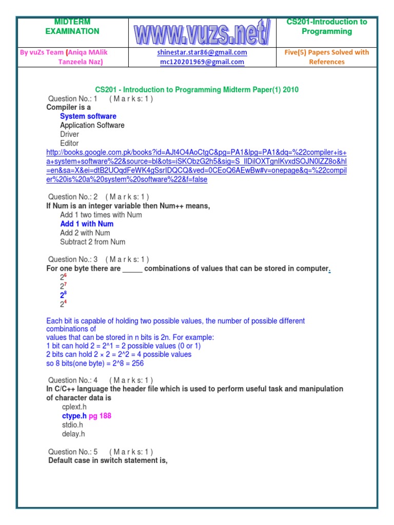 Introduction To Programming - CS201 2010 Mid Term Paper | PDF | C (Programming Language ...