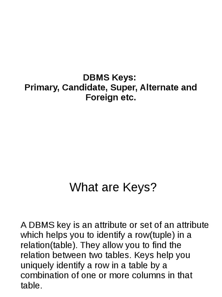 DBMS Keys: Primary, Candidate, Super, Alternate and Foreign Etc | PDF | Information Retrieval ...
