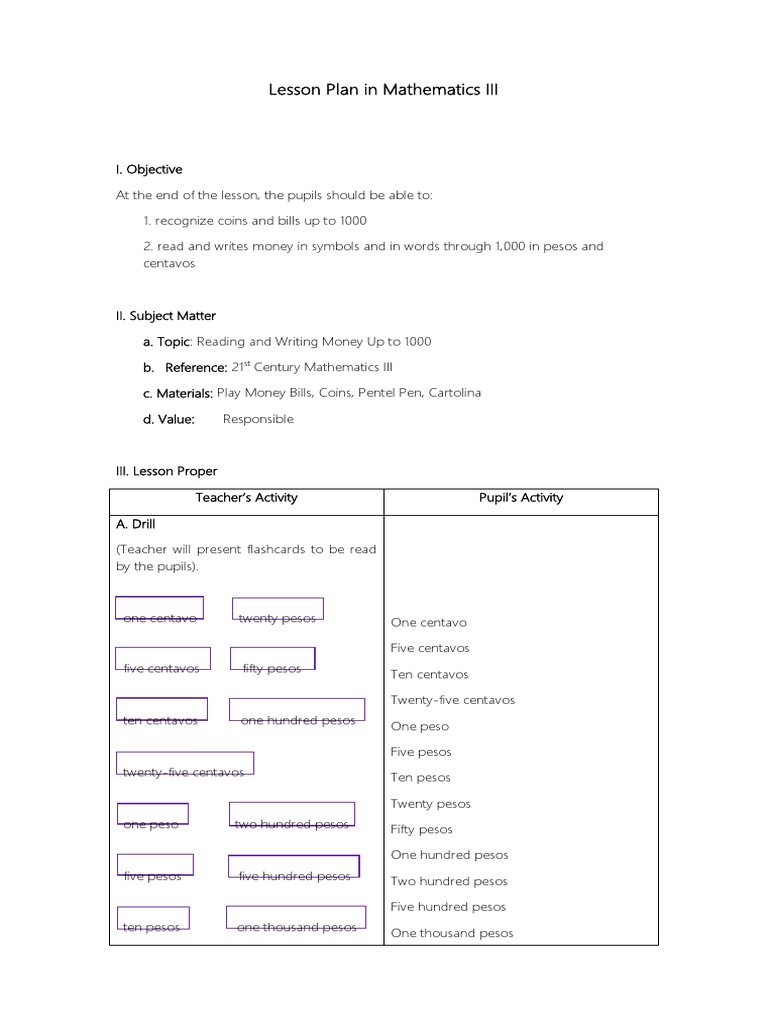 Lesson Plan in Mathematics III | Download Free PDF | Banknote | Money