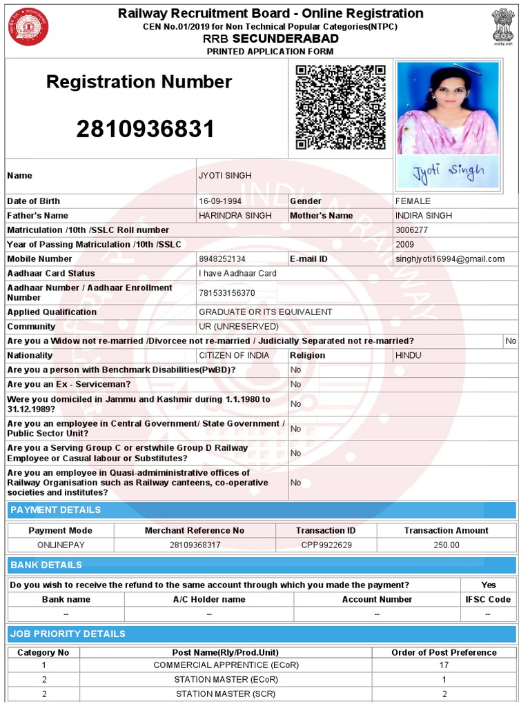 RRB NTPC Online Registration Form | PDF