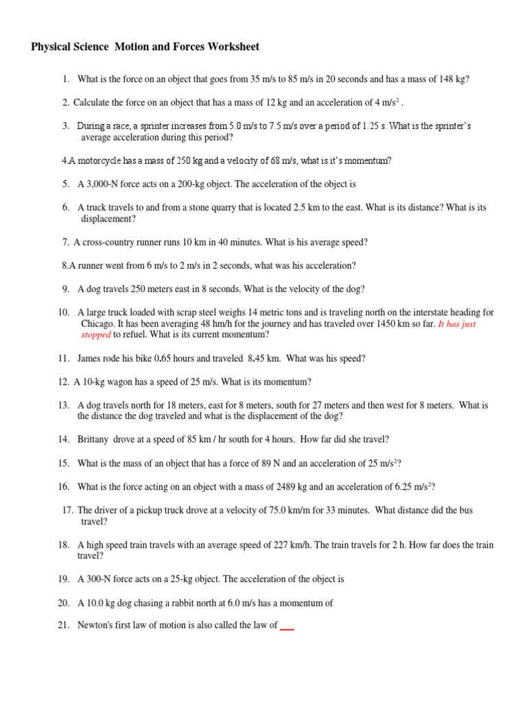 Physical Science Motion and Forces Worksheet | PDF | Force | Gravity
