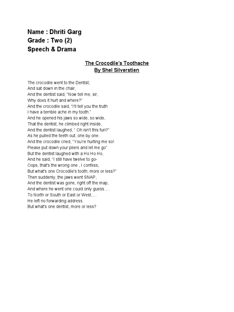 Crocodile's Toothache by Shel Silverstein | PDF