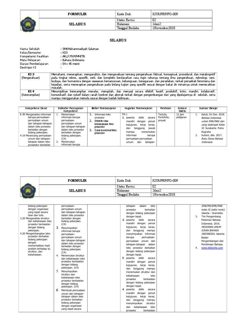 SILABUS Bahasa Indonesia Kelas XII K13 2019 | PDF | Seni & Disiplin Bahasa