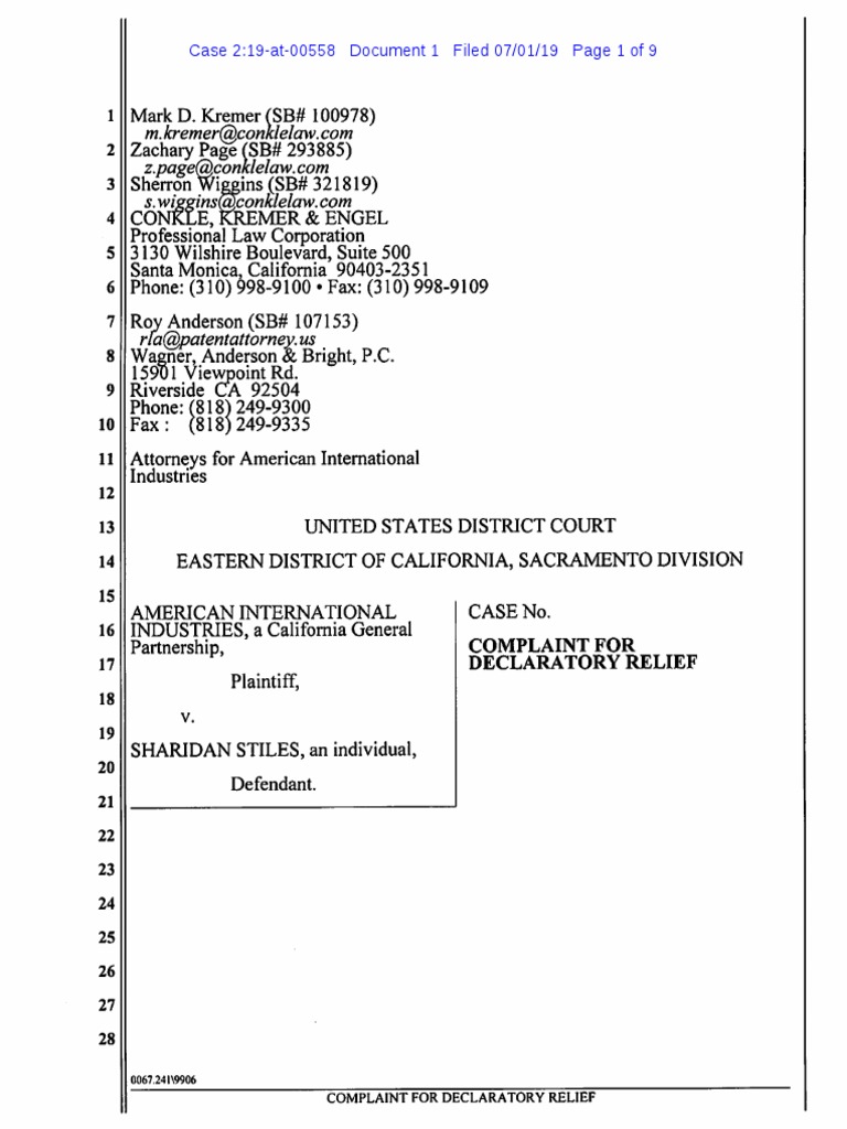 American Int'l Indus. v. Stiles - Complaint | PDF | Declaratory ...