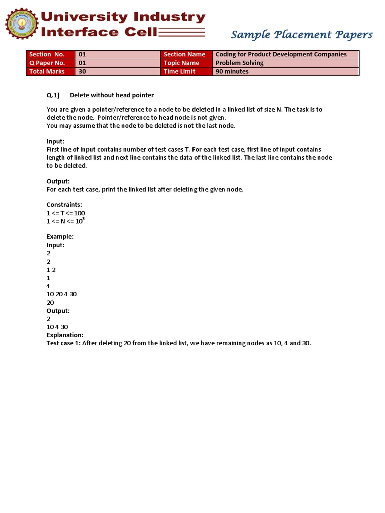 Sample Placement Papers: Section No. Section Name Q Paper No. Topic Name Total Marks Time Limit ...