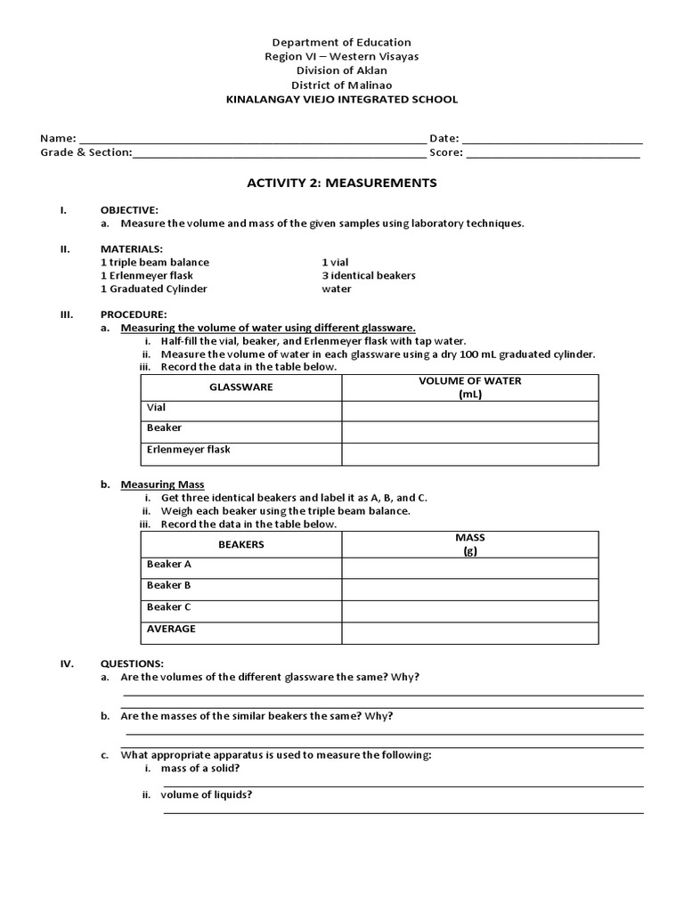 Worksheet For Measurement | PDF