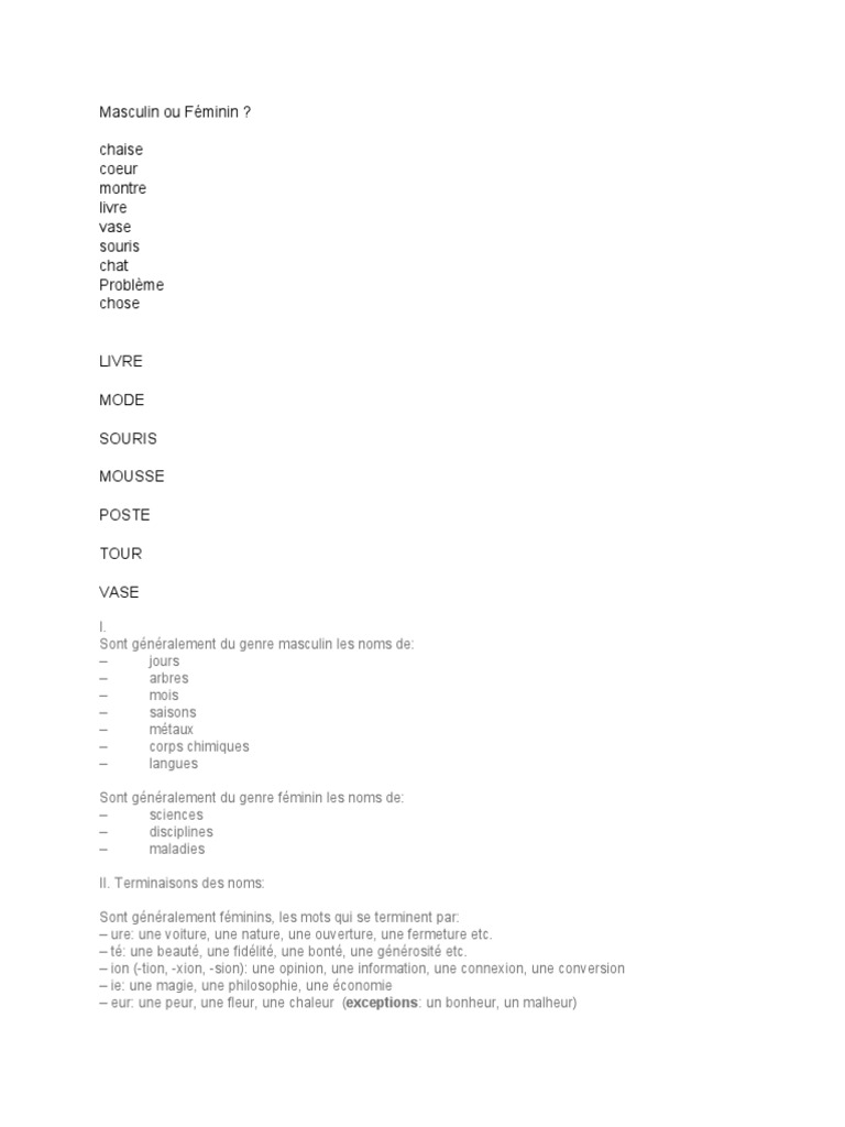 Genre des Noms: Masculin et Féminin | PDF | Genre grammatical | Nom ...