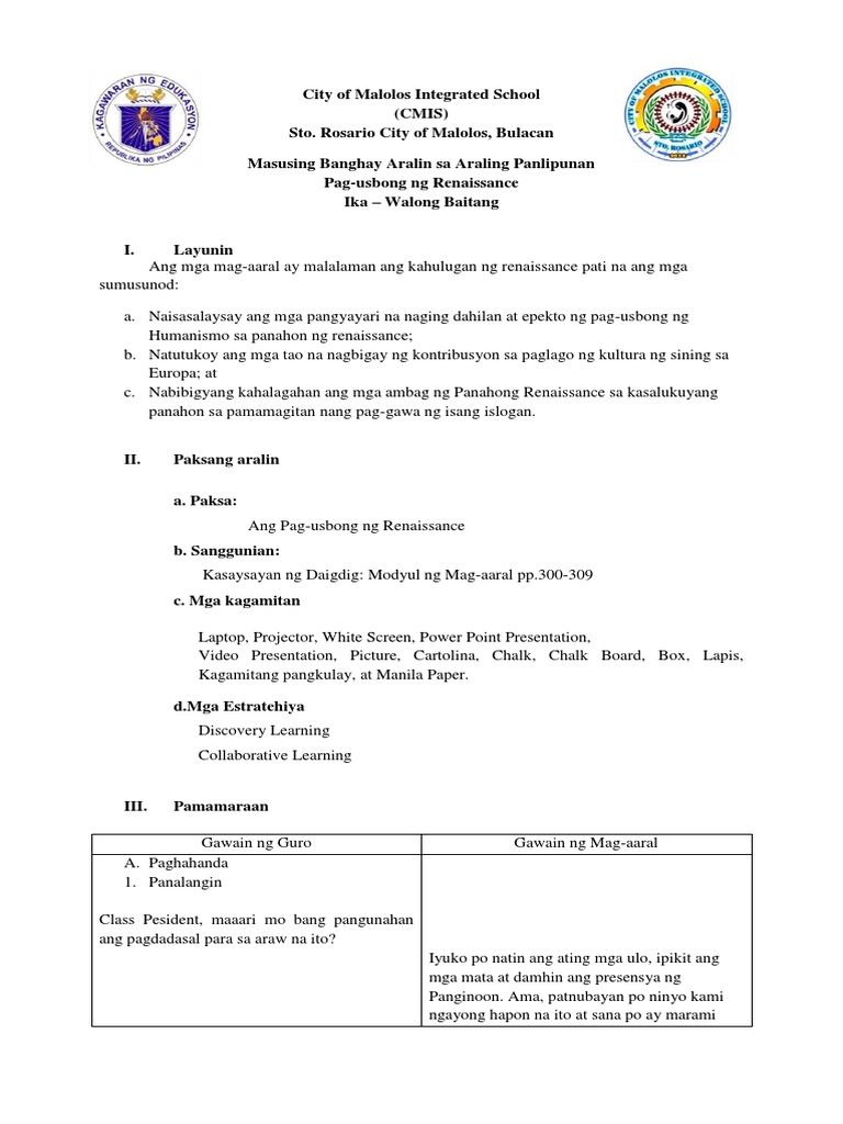 Lesson Plan For Final Demo RENAISSANCE EDITED November 15 20188 | PDF