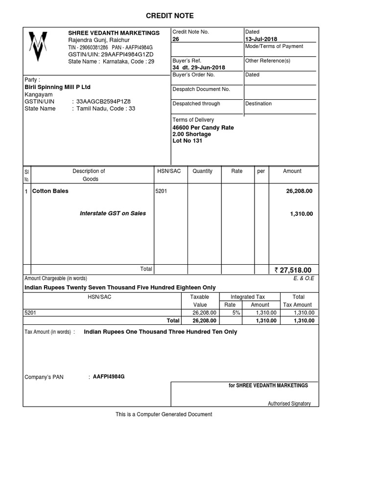 Credit Note for Birli Spinning Mill | PDF | Services (Economics ...