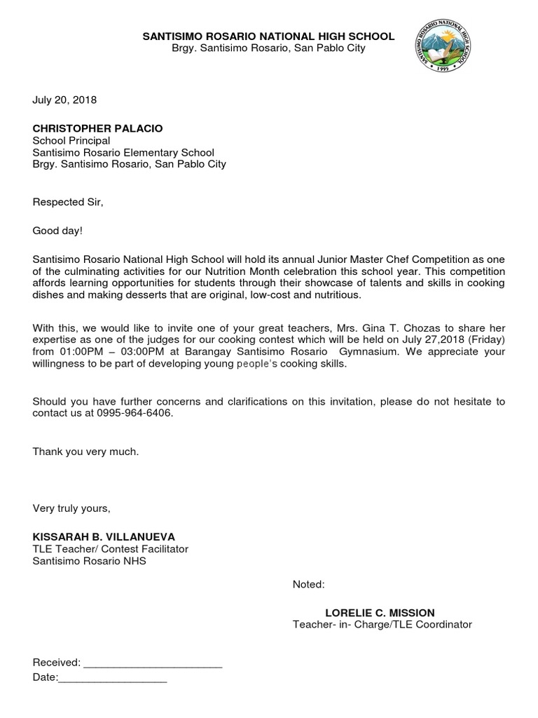 Letter of Invitation For Cooking Contest Judge | PDF