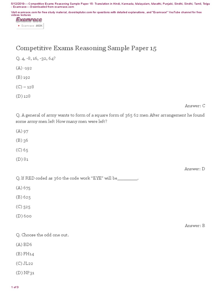 Sample Reasoning Questions and Answers for Competitive Exams | PDF ...