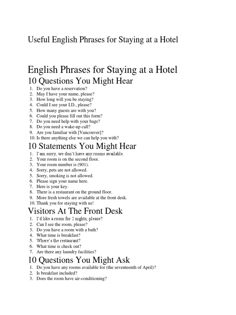 English Phrases For Staying at A Hotel: 10 Questions You Might Hear | PDF