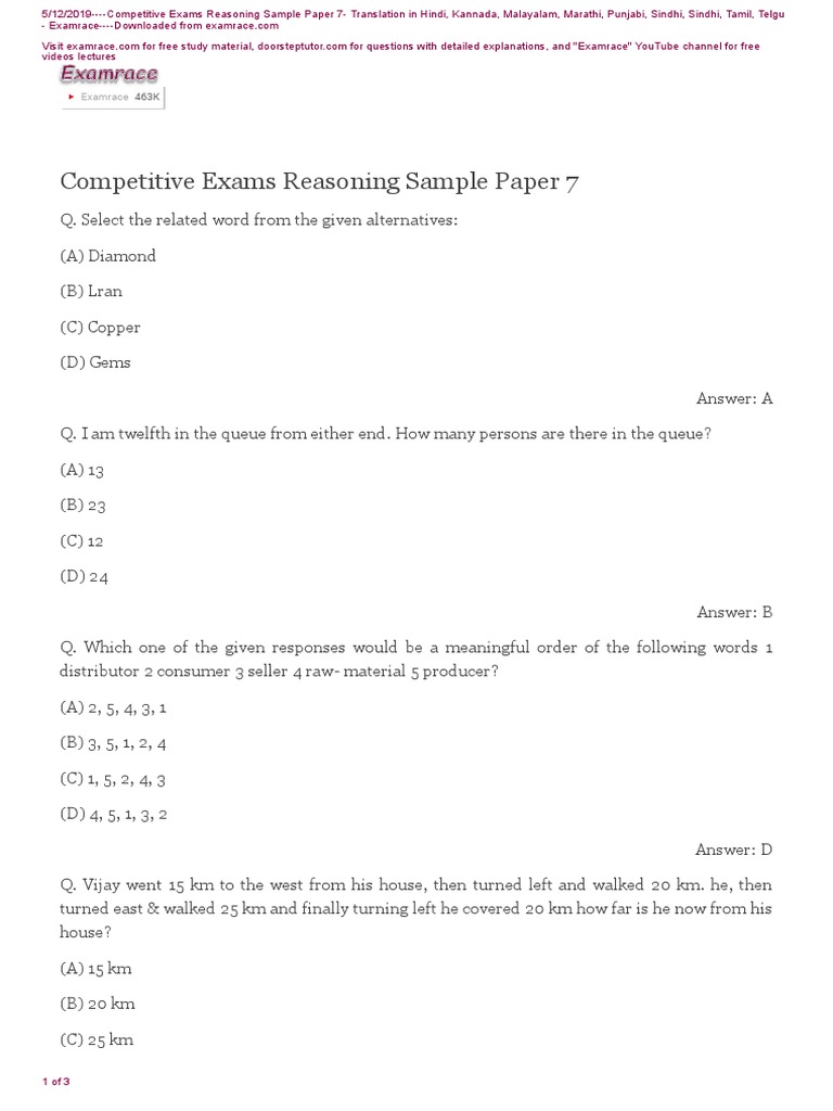 Competitive Exams Reasoning Sample Paper 7: Examrace | PDF | Languages ...