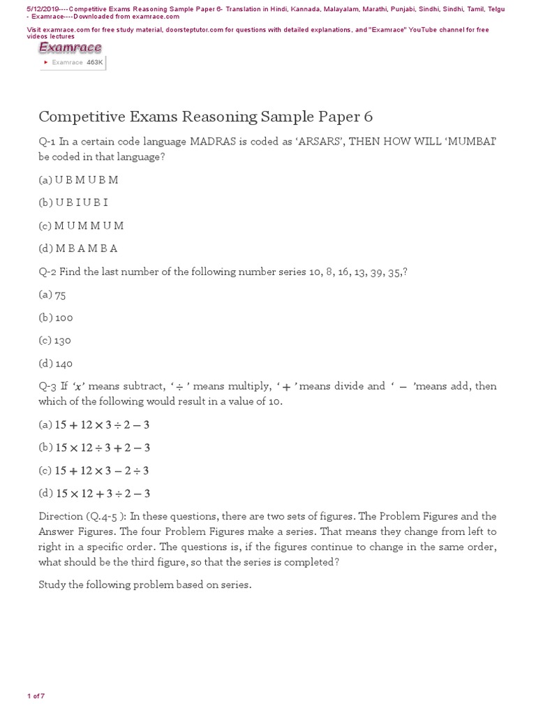 Reasoning Sample Paper 6 | PDF | Languages Of India