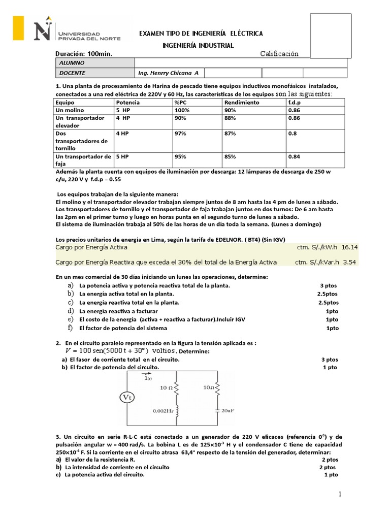 Examen Modelo de Ingenieria Electrica | PDF | Energia electrica | Cantidad