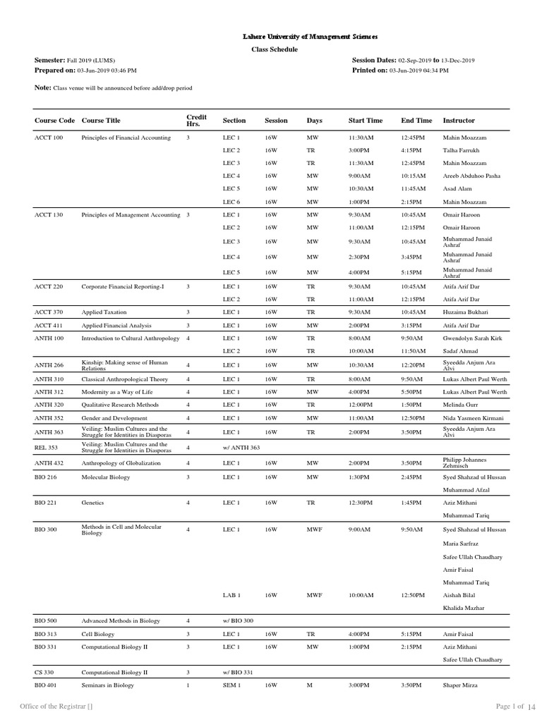 Fall 2019 - Class Schedule-1 LUMS | PDF