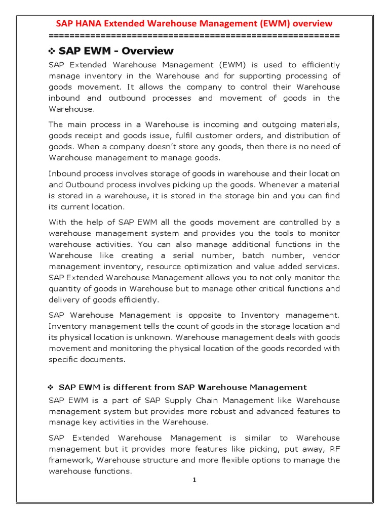 HANA Extended Warehouse Management (EWM) - Overview | PDF | Warehouse ...
