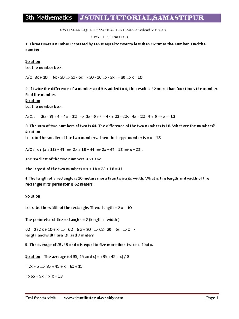 8th Grade Linear Equations Test Solutions | PDF | Numbers | Angle