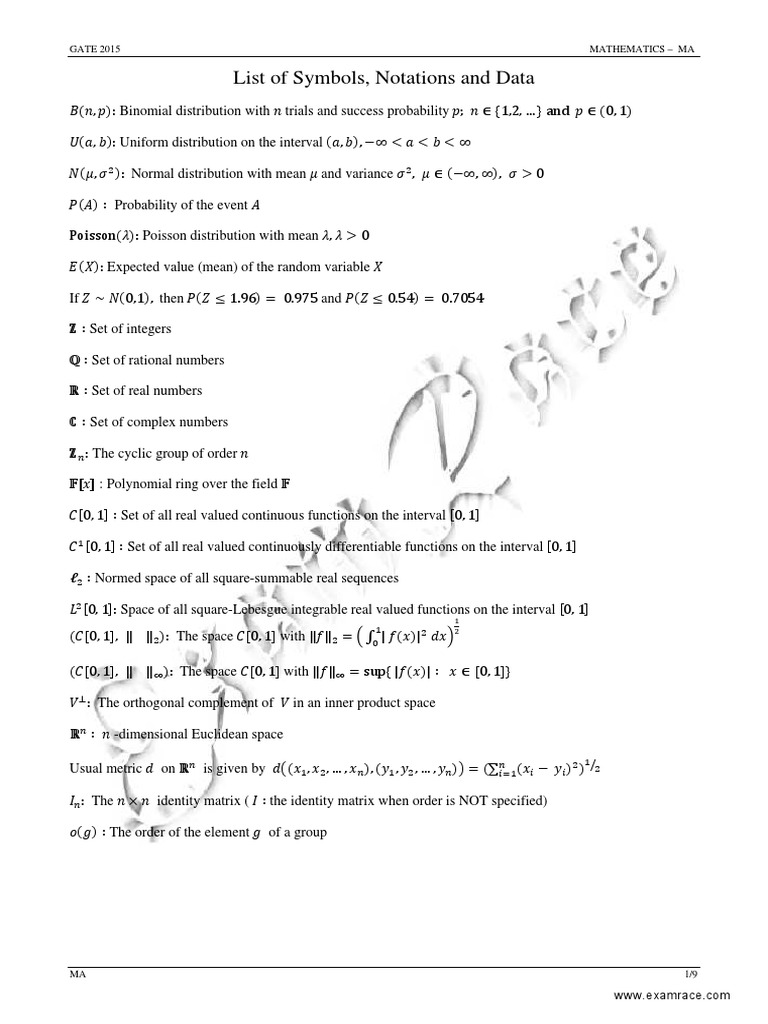 List of Symbols, Notations and Data | PDF | Continuous Function ...