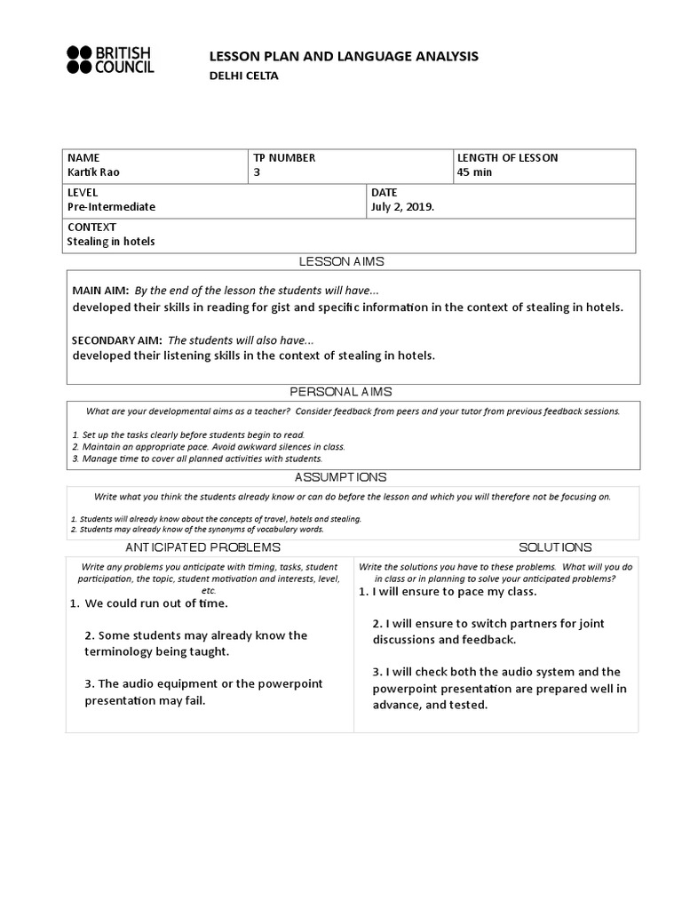 Lesson Plan and Language Analysis: Delhi Celta | PDF | Stress (Linguistics) | Phonology