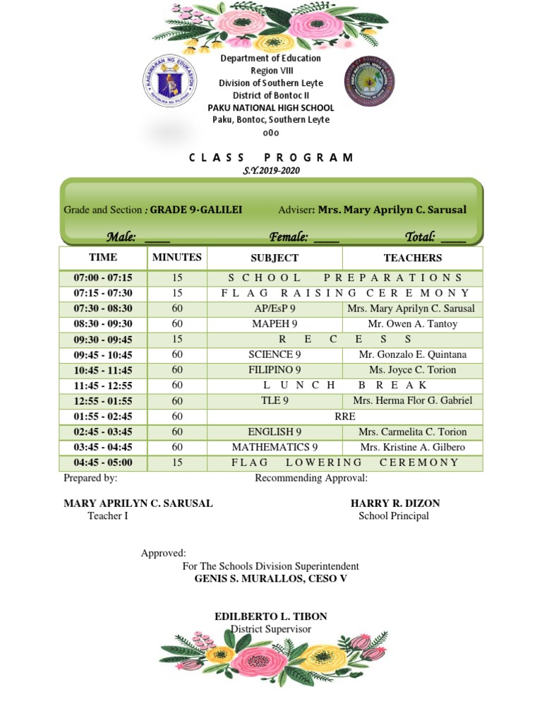 Class Schedule for Grade 9 Galilei | PDF | Learning