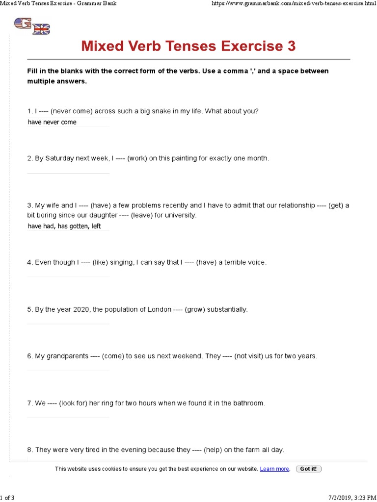 Mixed Verb Tenses Exercise Worksheet | PDF | Linguistics | Morphology
