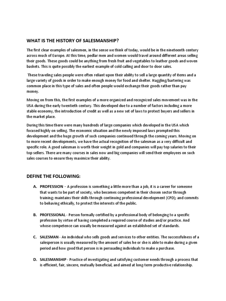 History and Evolution of Salesmanship | PDF | Sales | Market (Economics)