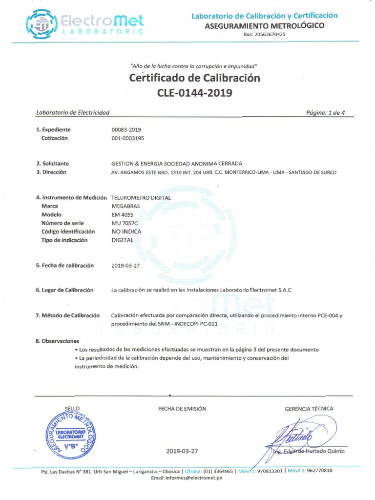 Certificado de Calibracion | PDF | Calibración | Metrología