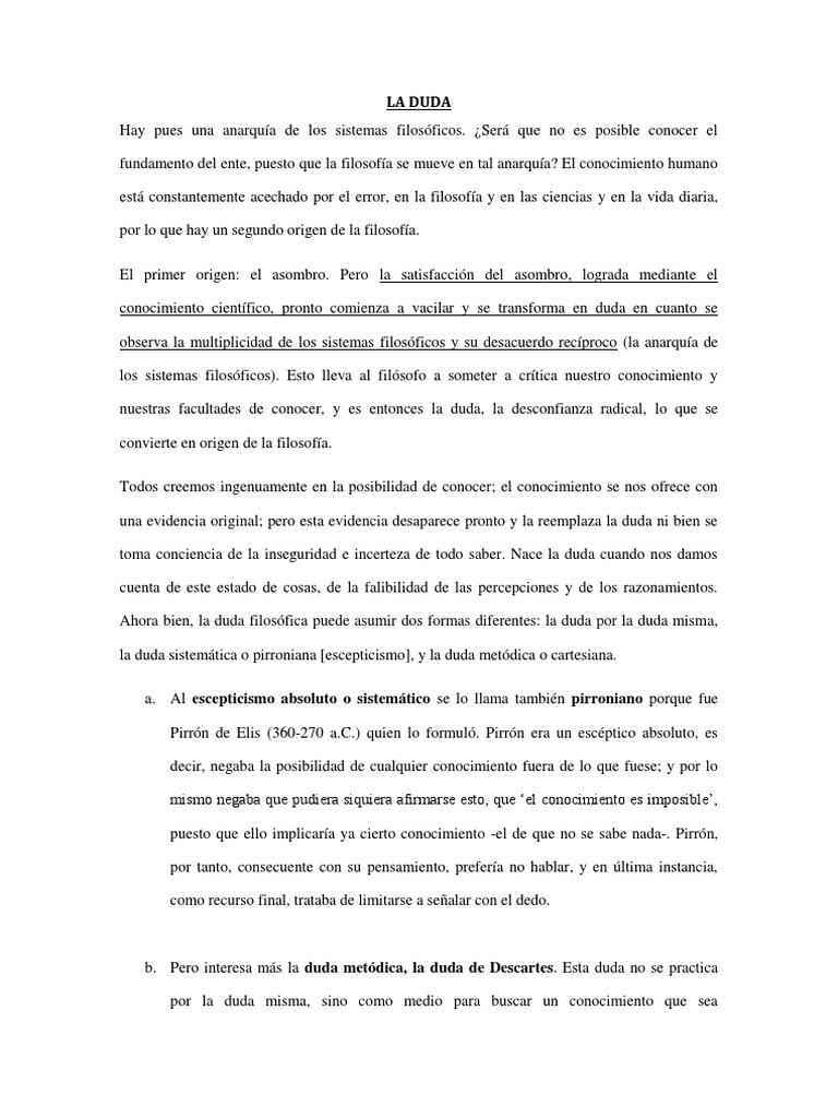 La Duda en Filosofía: Pirroniana y Cartesiana | PDF | Escepticismo ...