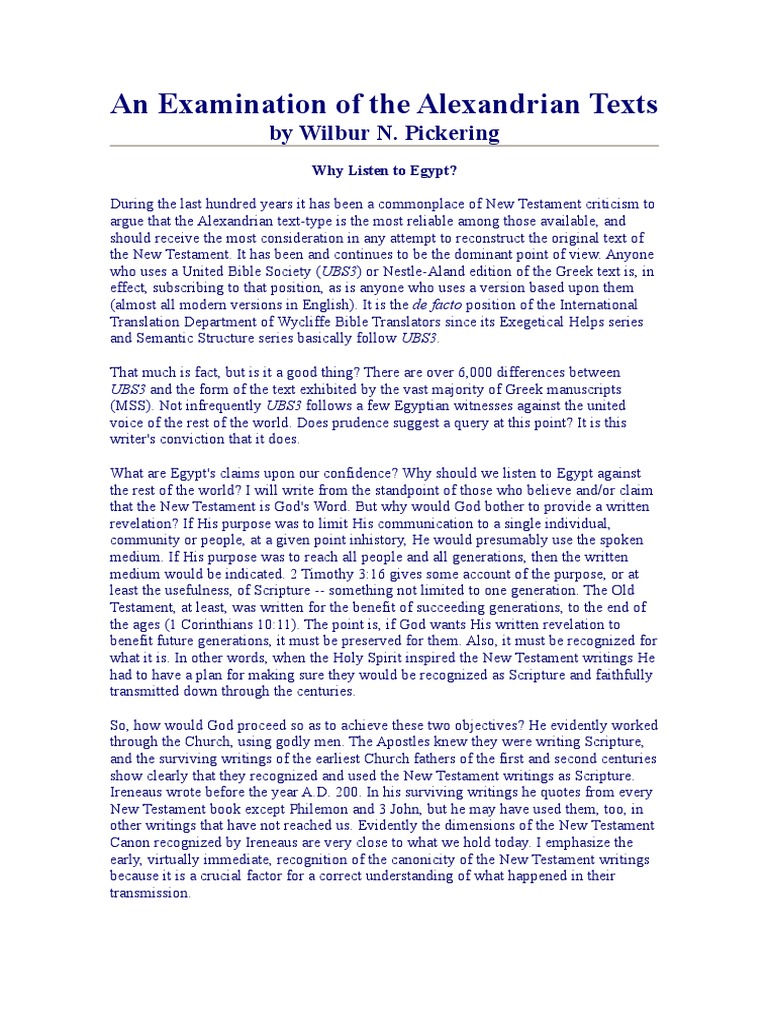 An Examination of The Alexandrian Texts | PDF | Bible Translations ...