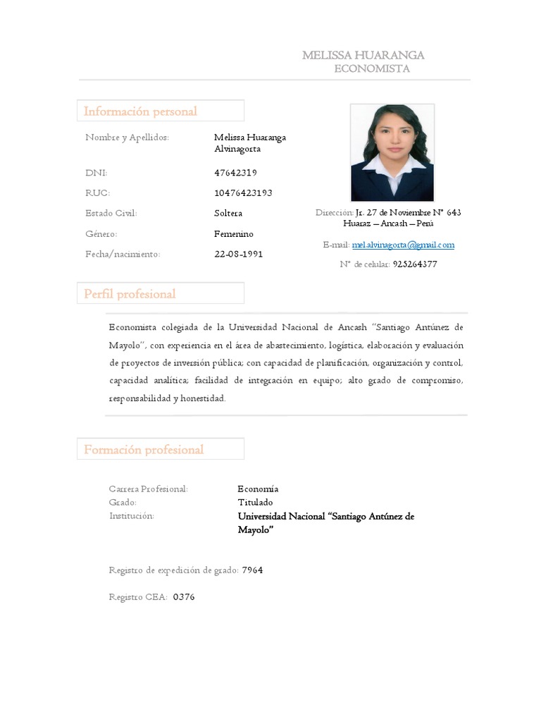 CV - Melissa Huaranga | PDF | Economista | Business