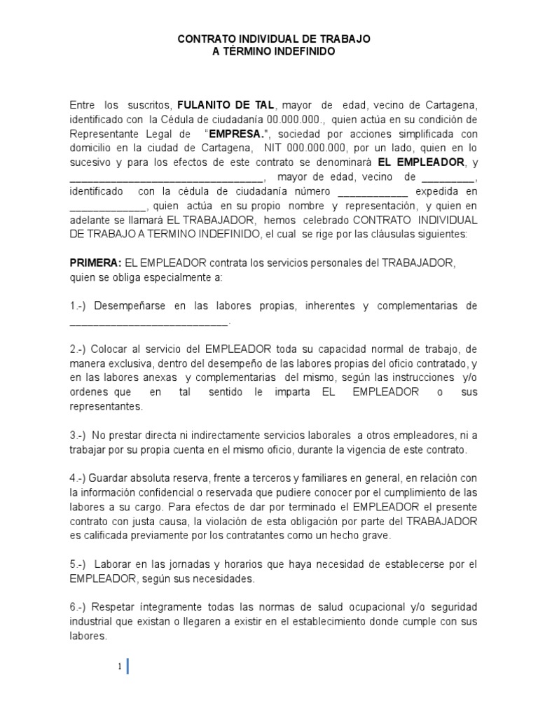 Contrato Laboral Indefinido-Modelo | PDF | Derecho laboral | Seguridad ...