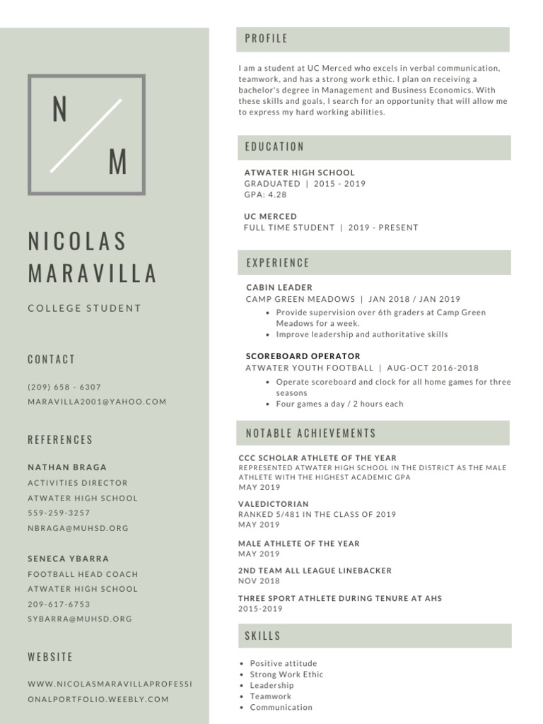 Nicolas Maravilla: UC Merced Student Resume | PDF | Academia | Cognition