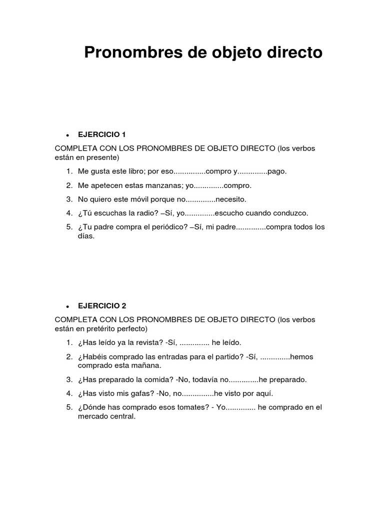 Pronombres de Objeto Directo Ejercicios | PDF