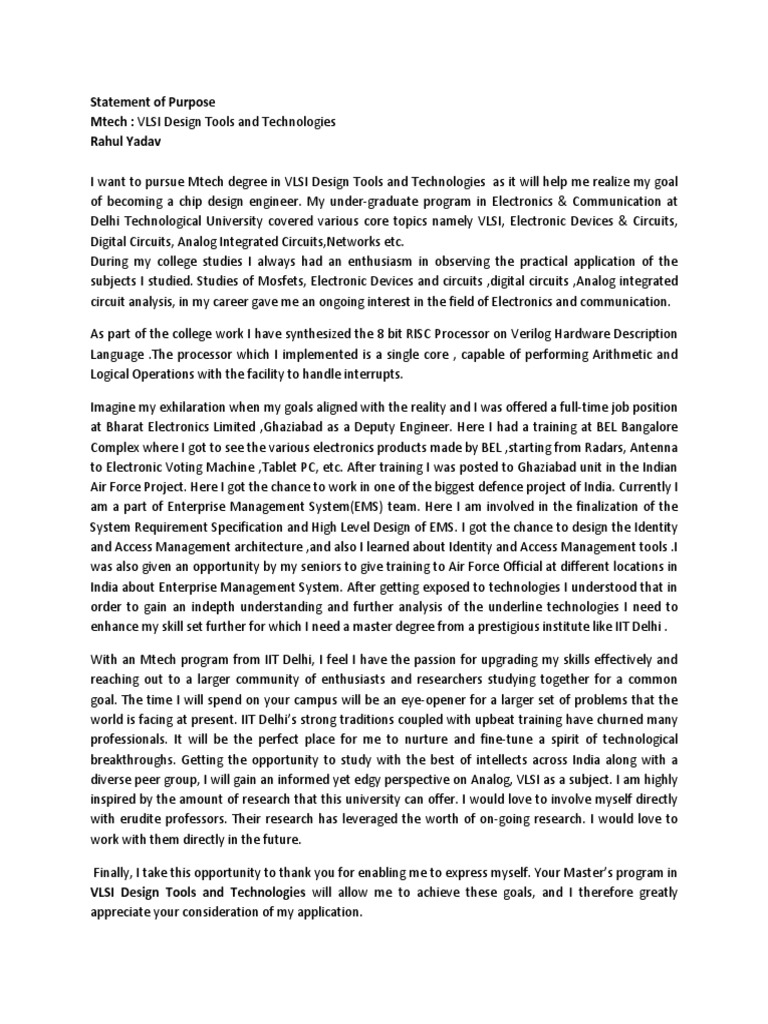 Statement of Purpose Mtech: VLSI Design Tools and Technologies Rahul ...