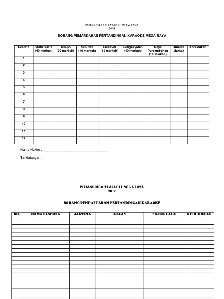 Scoring Sheet for Mega Raya Karaoke Competition 2018 | PDF