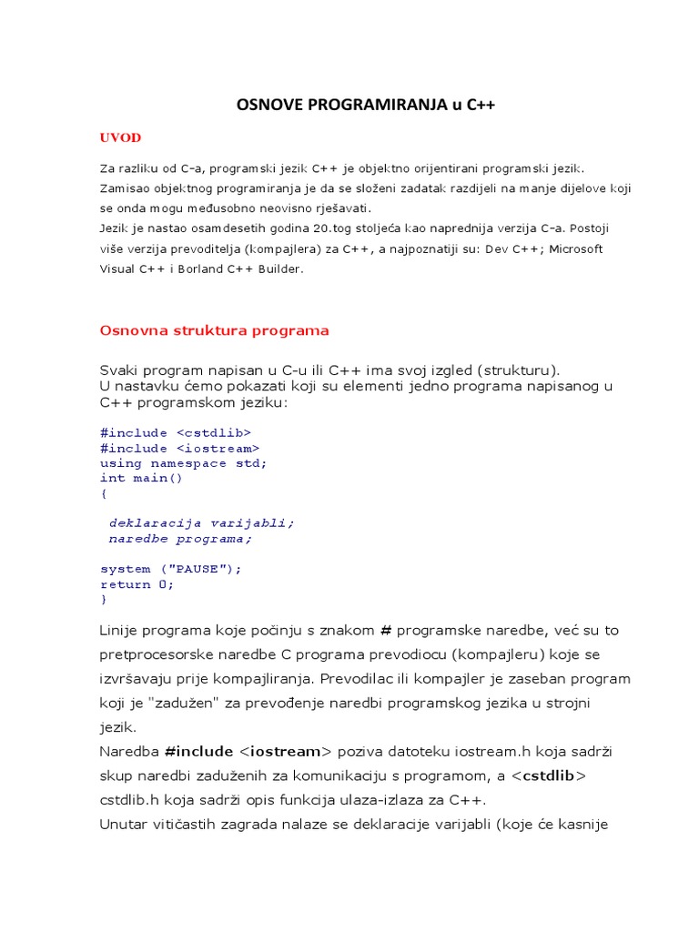 OSNOVE PROGRAMIRANJA U C++ | PDF