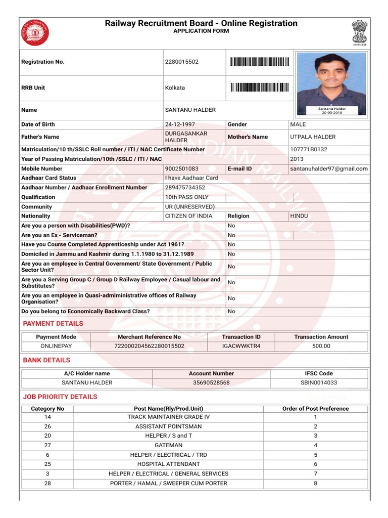 Railway Recruitment Board - Online Registration: Payment Details | PDF