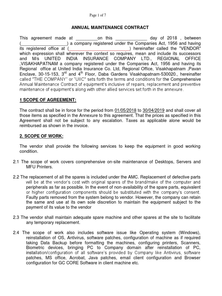 AMC Agreement Format 2018-19 | PDF | Breach Of Contract | Indemnity
